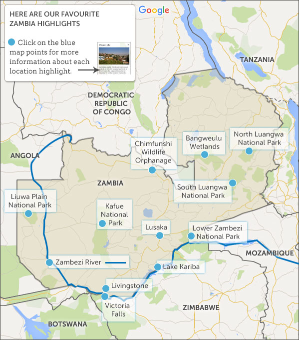 Zambia map & highlights. Helping Dreamers Do